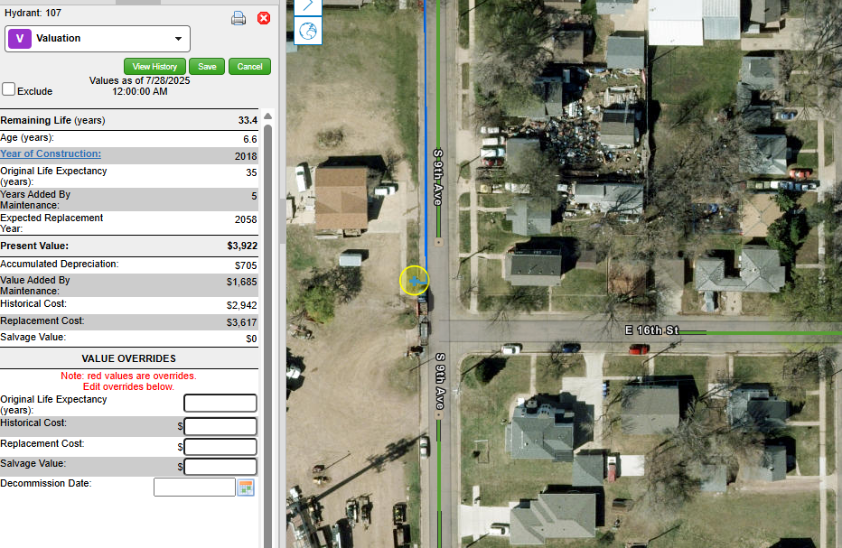 Valuation calculation feature in VUEWorks displays a hydrant age, value ...